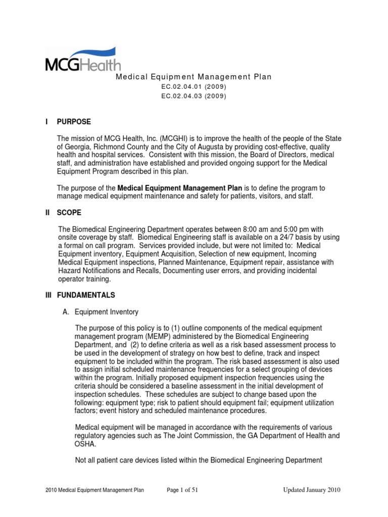 Medical Equipment Management Plan: I Purpose | PDF