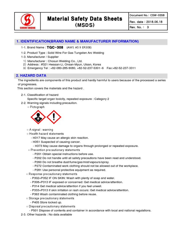 Material Safety Data Sheets: (MSDS) | PDF | Welding | Construction