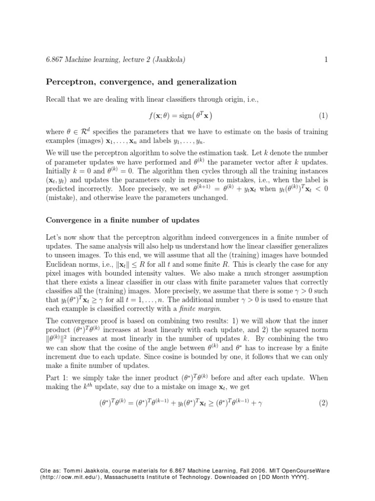 Perceptron, Convergence, and Generalization | PDF | Statistical ...