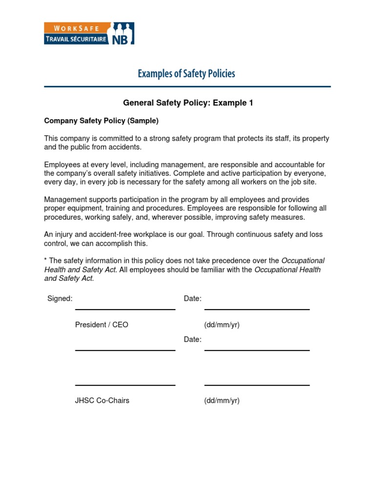 Examples of Safety Policies: General Safety Policy: Example 1 | PDF ...