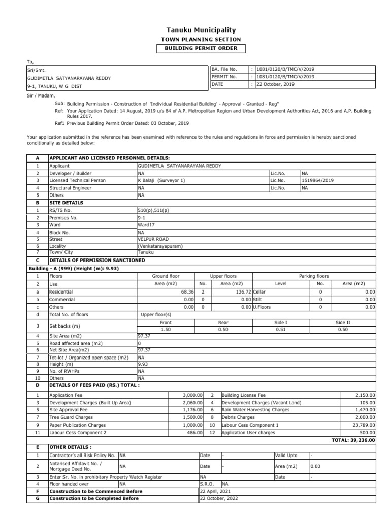 Tanuku Municipality: Town Planning Section Building Permit Order | PDF ...