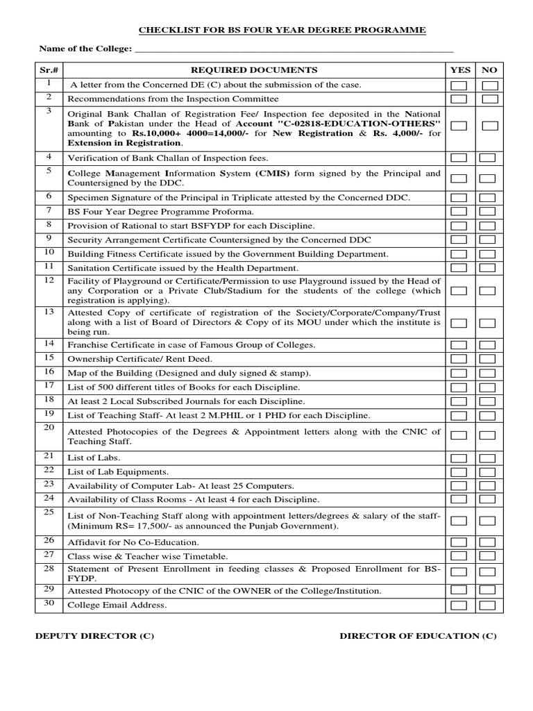 Checklist BS 4 Year Degree Programme | PDF | Business | Further Education
