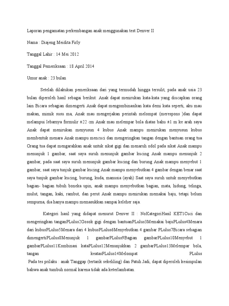 Laporan Pengamatan Perkembangan Anak Menggunakan Test Denver II Nama | PDF