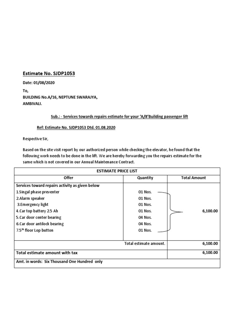 LR Quotation of A16 Building Passenger Lift Estimate No 1053 | PDF ...