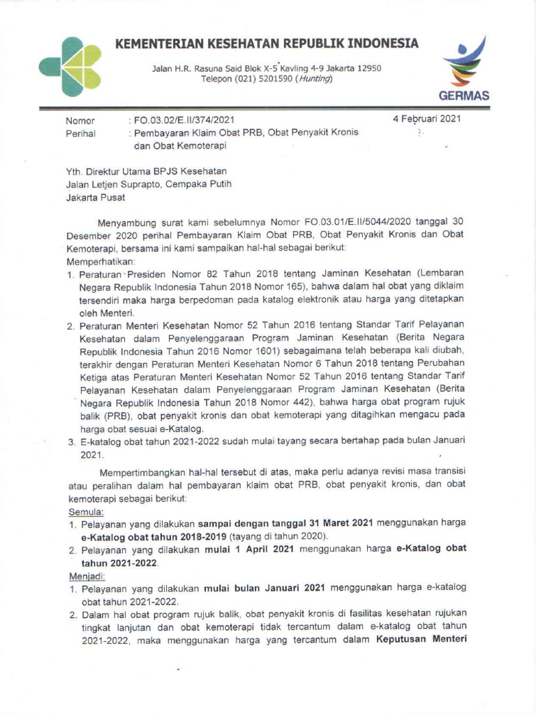 02 21 Kemenkes Surat Pembayaran Klaim Obat PRB, Penyakit Kronis | PDF