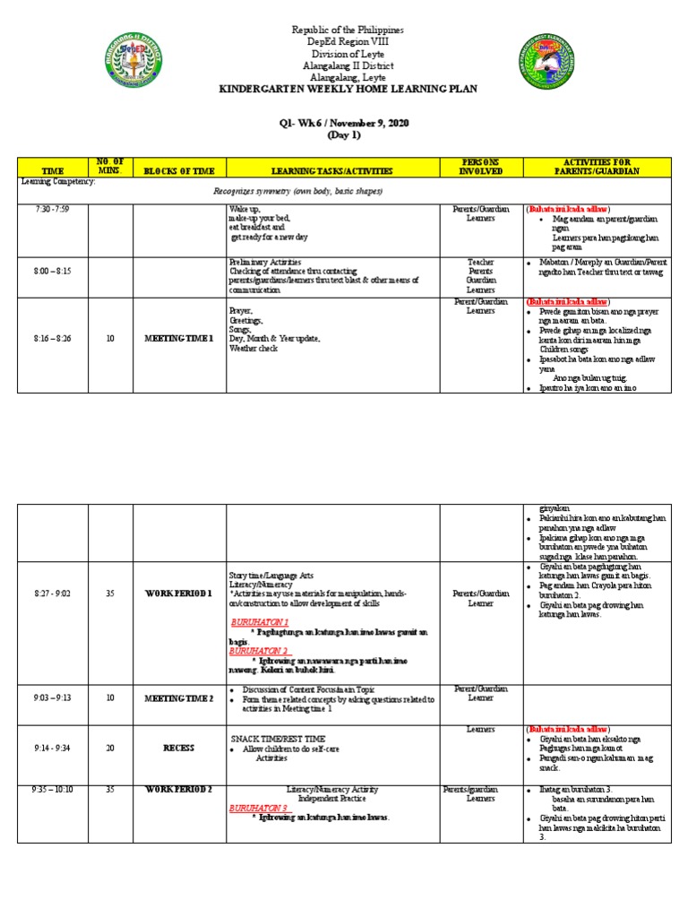 Kindergarten Weekly Home Learning Plan-Week 6 | PDF | Pedagogy ...