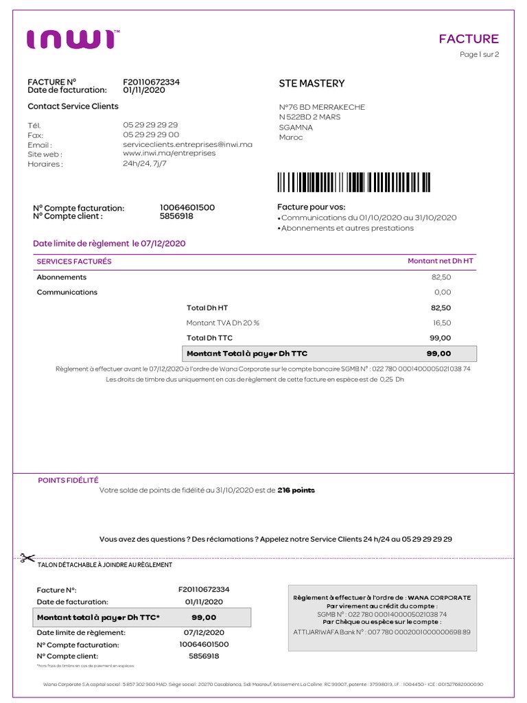 Facture Inwi - Règlement et Détails | PDF | Facture | Taxe sur la ...