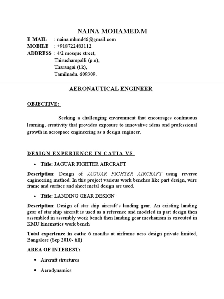 Naina Mohamed.M: Aeronautical Engineer | PDF | Engineering | Aircraft