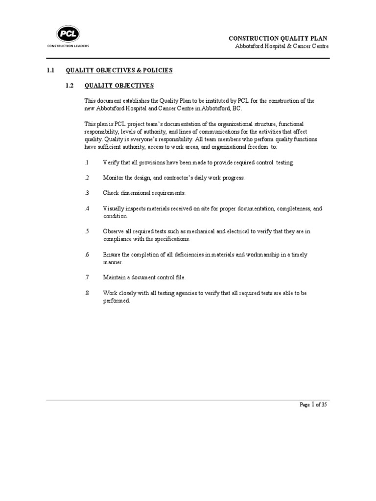 Construction Quality Control Plan Pdf Specification Technical