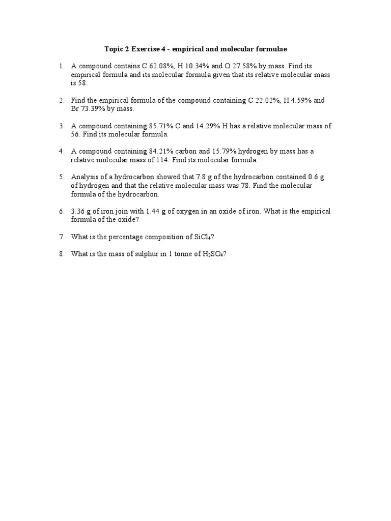 Topic 2 Exercise 4 - Empirical and Molecular Formulae | PDF