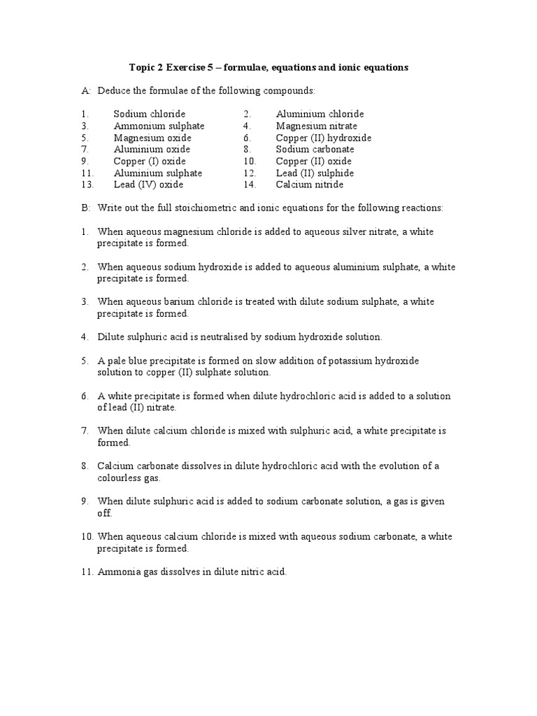 Topic 2 Exercise 5 - Ionic Equations | PDF