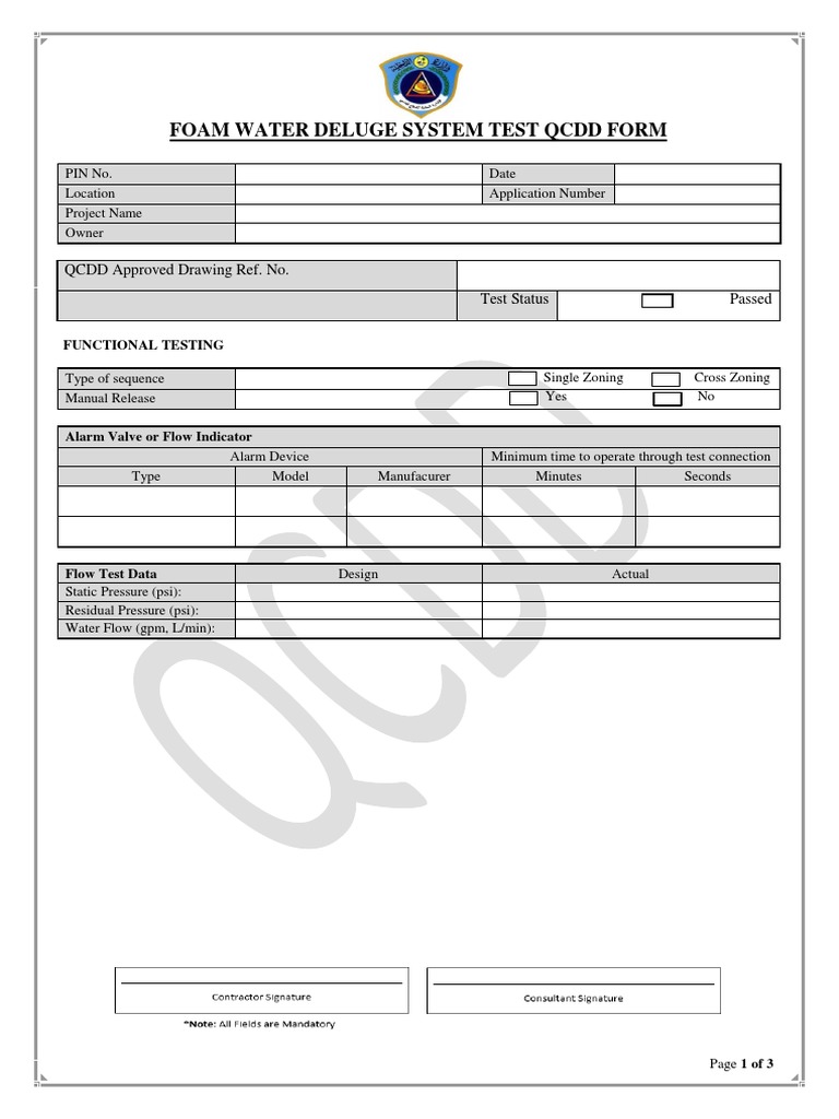 Foam Water Deluge System Test QCDD Form | PDF | Equipment ...