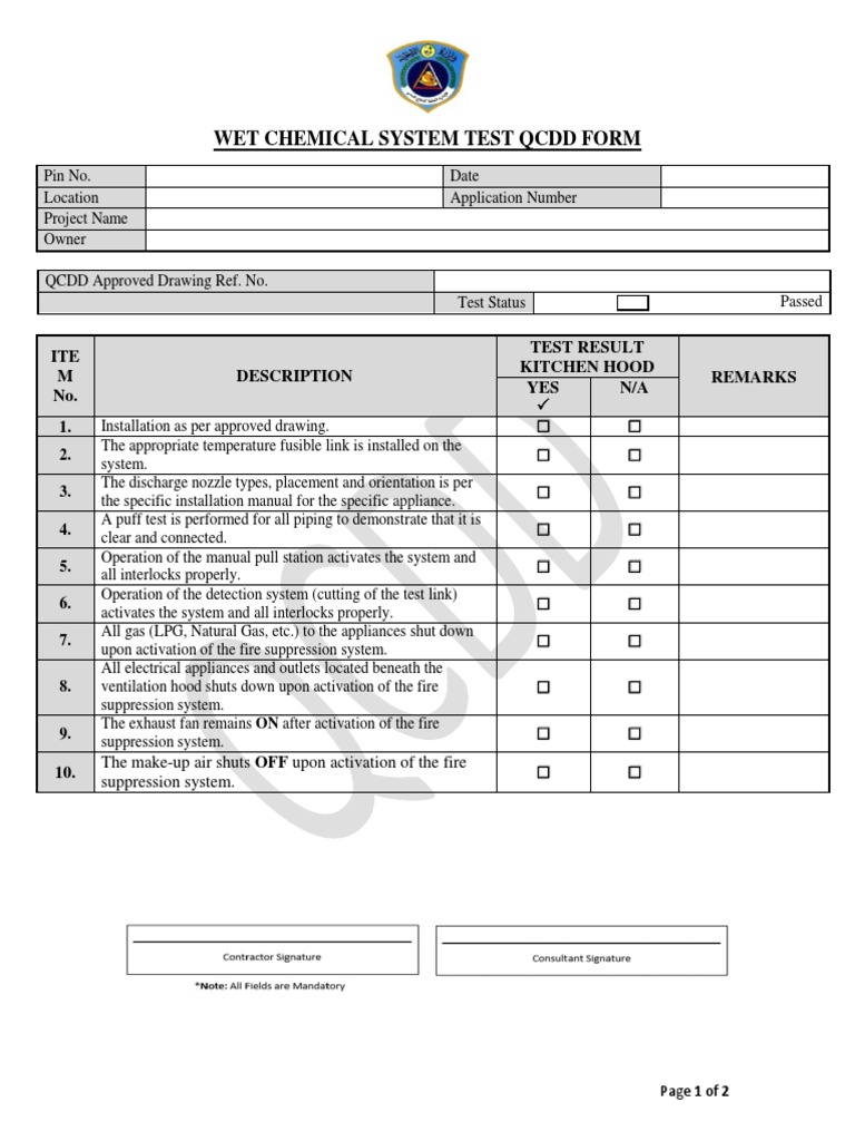 Wet Chemical System Test QCDD Form | PDF | Equipment | Manufactured Goods