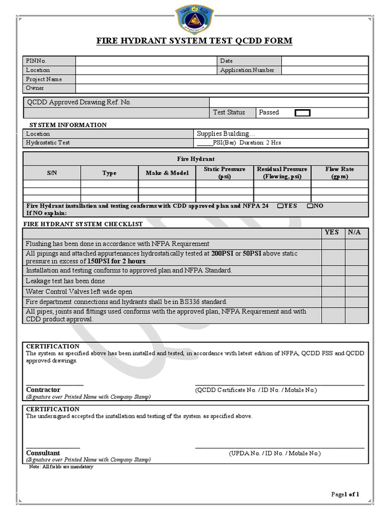 Fire Hydrant System Test QCDD Form | PDF | Gas Technologies | Building ...