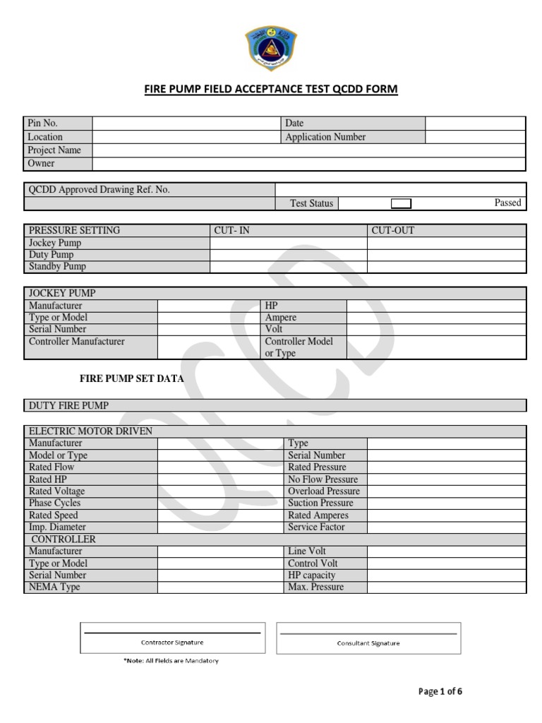 Fire Pump Field Acceptance Test QCDD Form | PDF | Horsepower | Pump