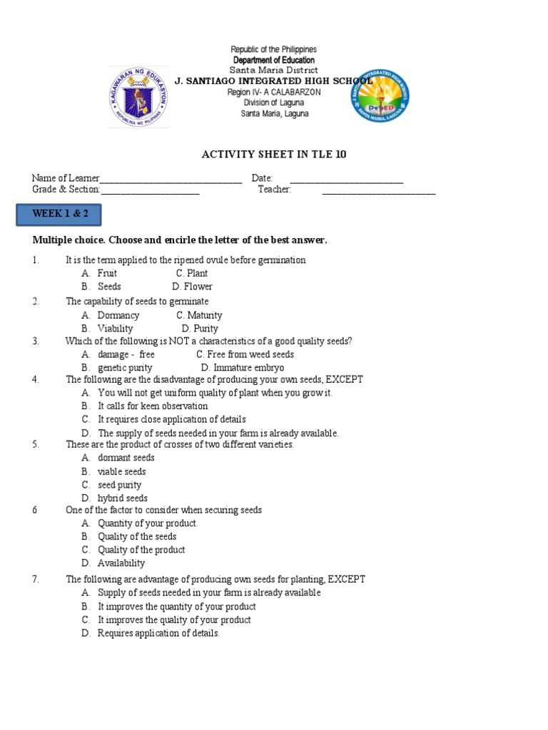 TLE 10 - WEEK 1 & 2 Activity Sheet | PDF | Seed | Germination