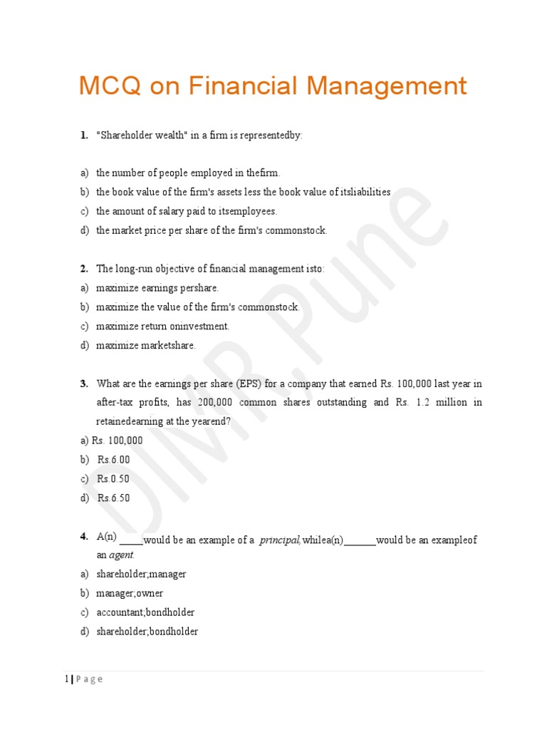 MCQ On Financial Management | PDF | Net Present Value | Preferred Stock