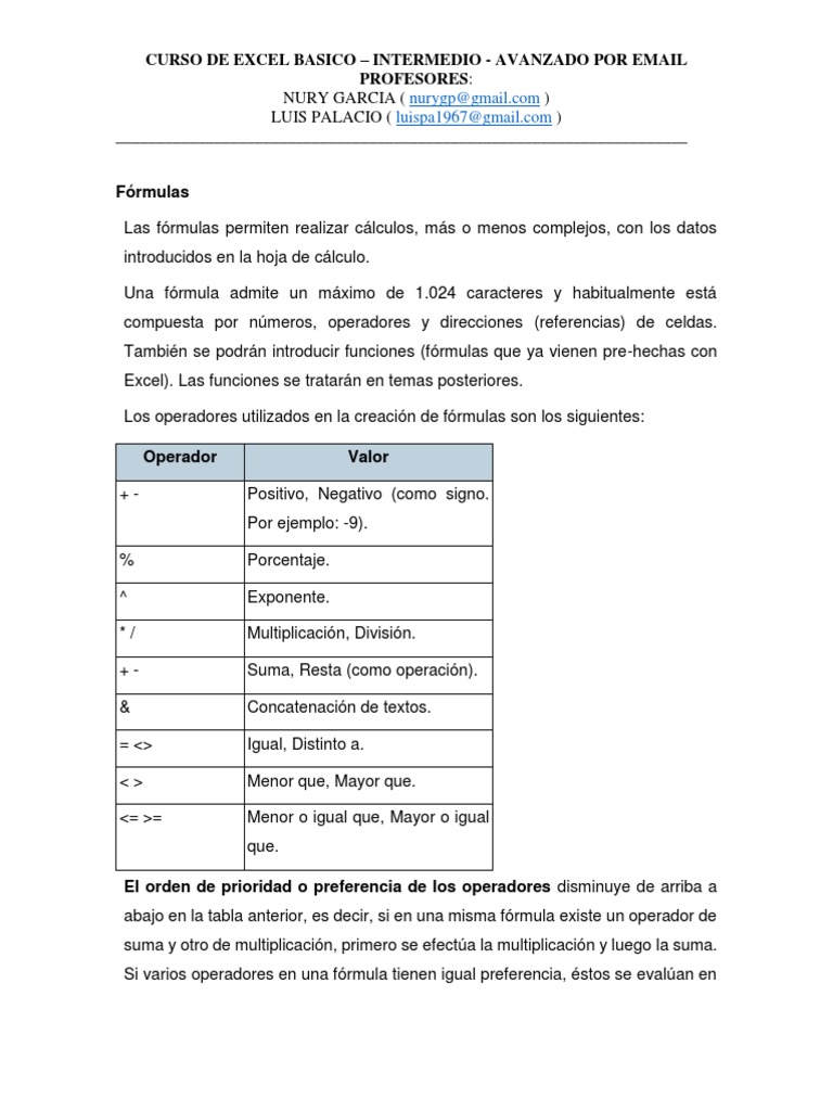 Clase 4 Excel BASICO - INTERMEDIO - AVANZADO - Formulas en Excel | PDF ...