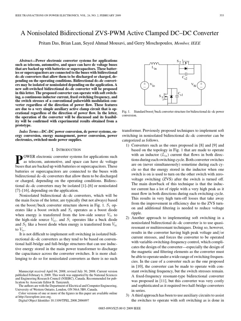 A Nonisolated Bidirectional ZVS-PWM Active Clamped DC-DC Converter | PDF