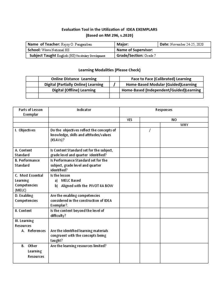 IDEA Exemplar Evaluation Tool Guide | PDF | Constructivism (Philosophy ...
