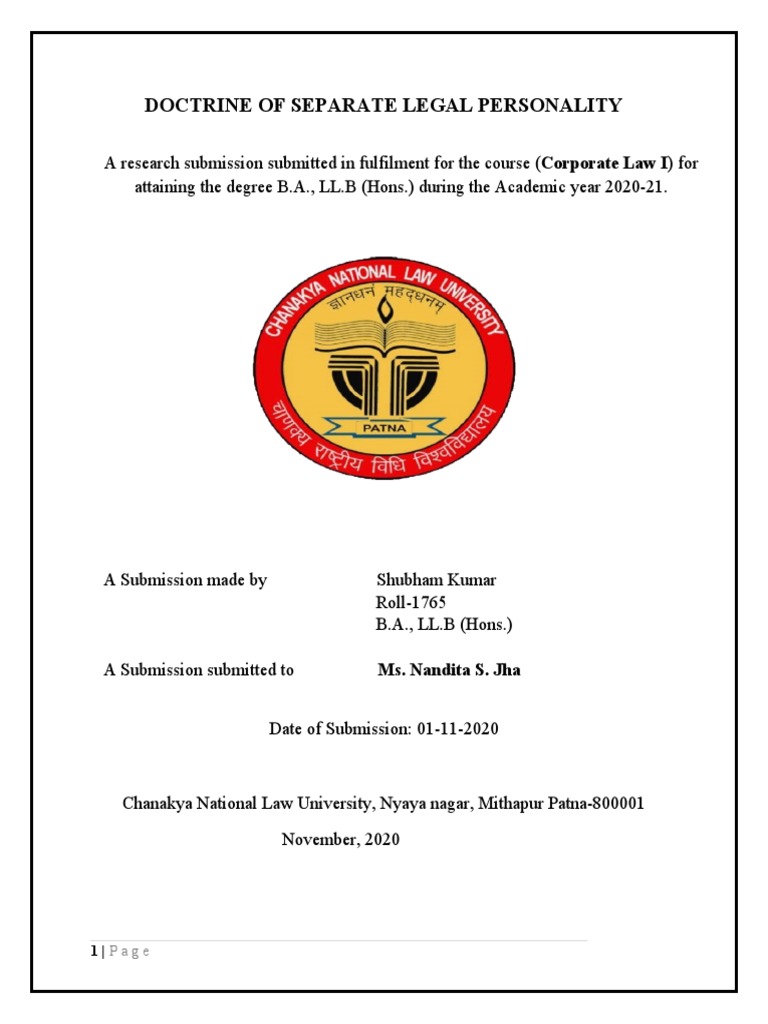 Doctrine of Separate Legal Personality | PDF | Piercing The Corporate ...