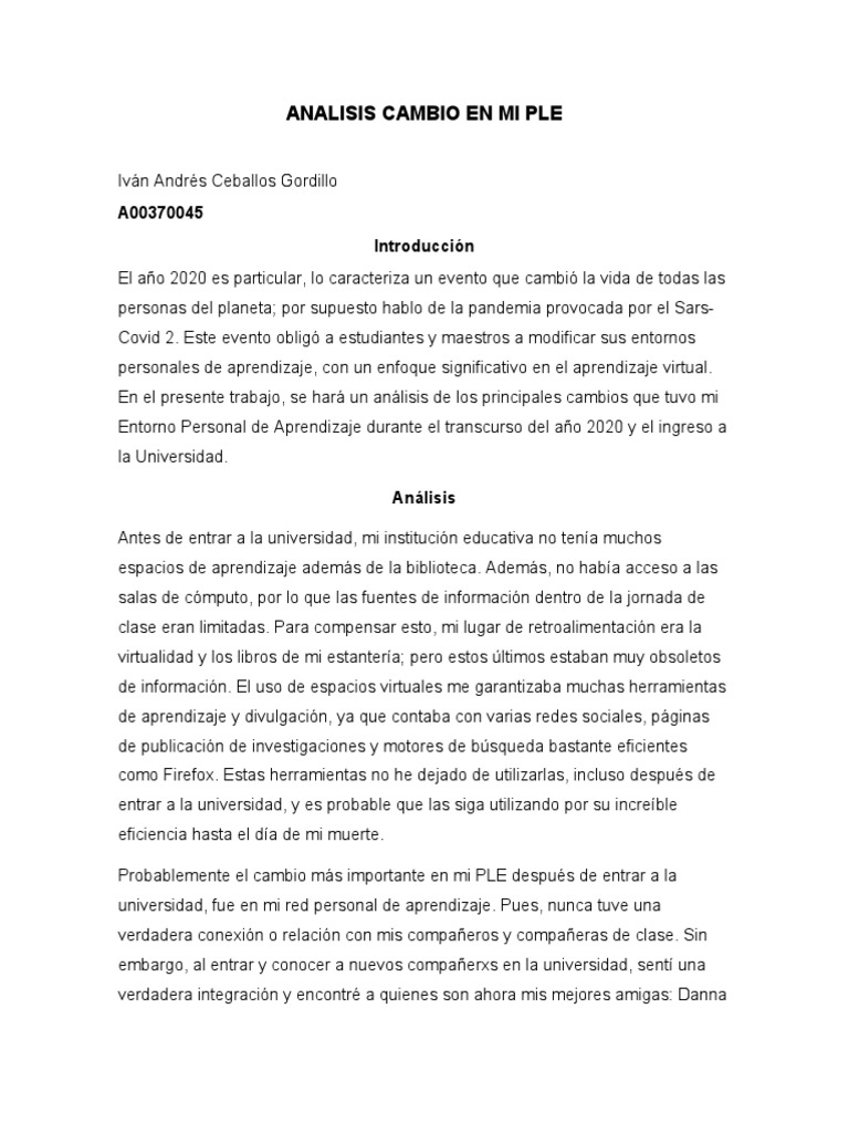 Analisis Cambio en Mi Ple | PDF | Información | Aprendizaje