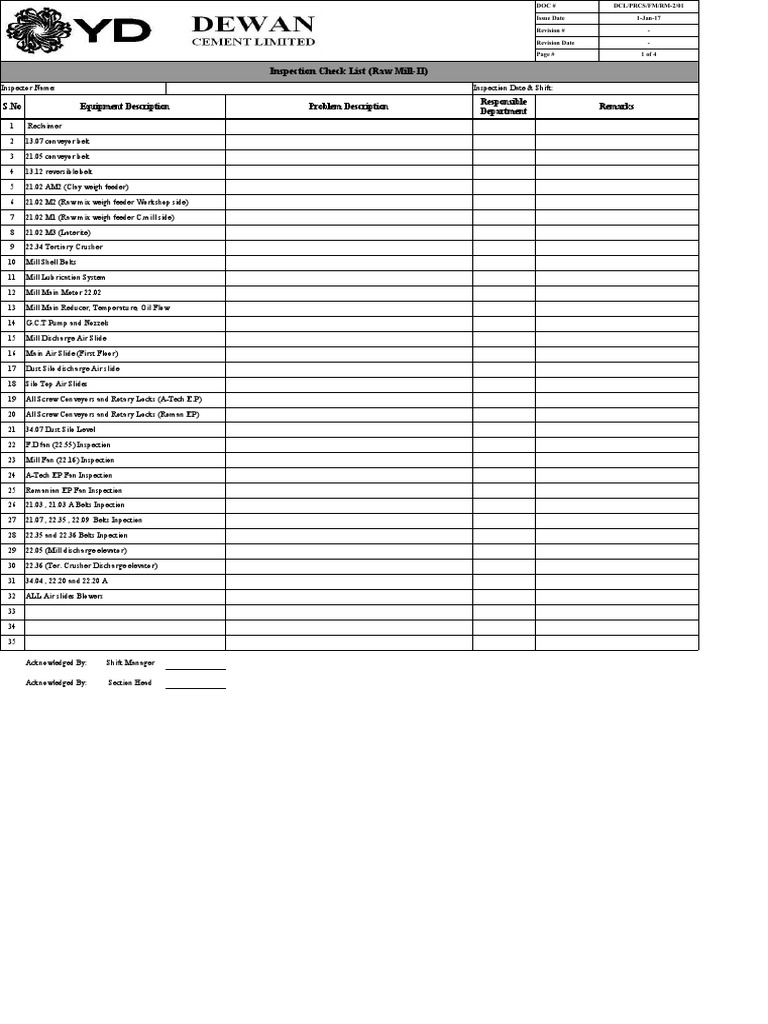Inspection Check List (Raw Mill-II) | PDF | Machines | Tools