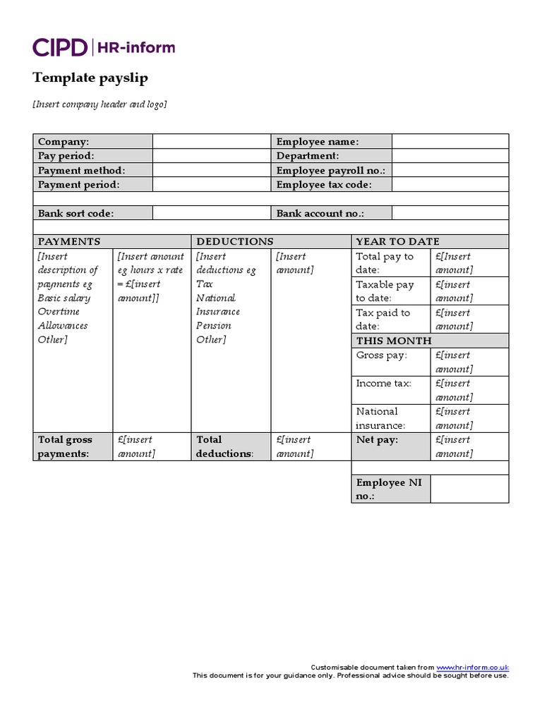 Template Payslip: Total Pay To Date: (Insert Taxable Pay To Date ...