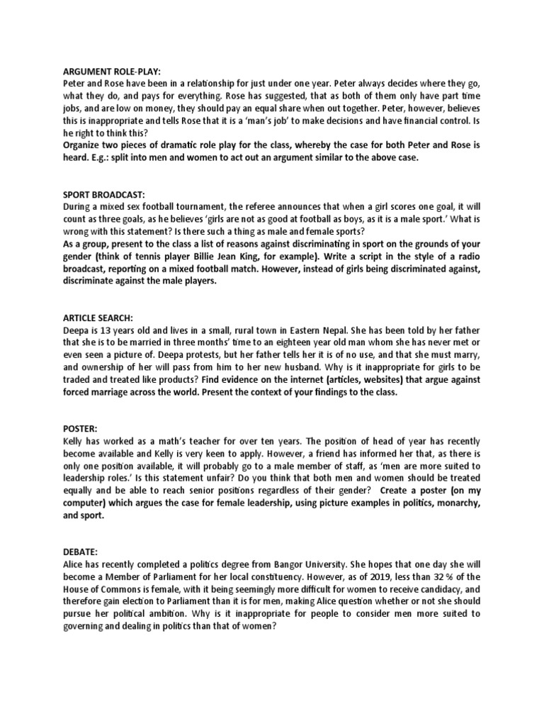 Gender Case Studies For Class Activity | PDF | Gender | Gender Studies