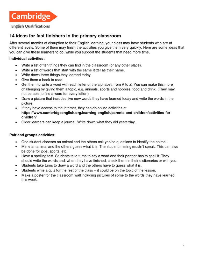 Fast Finisher Activities for Classrooms | PDF | Language Arts & Discipline