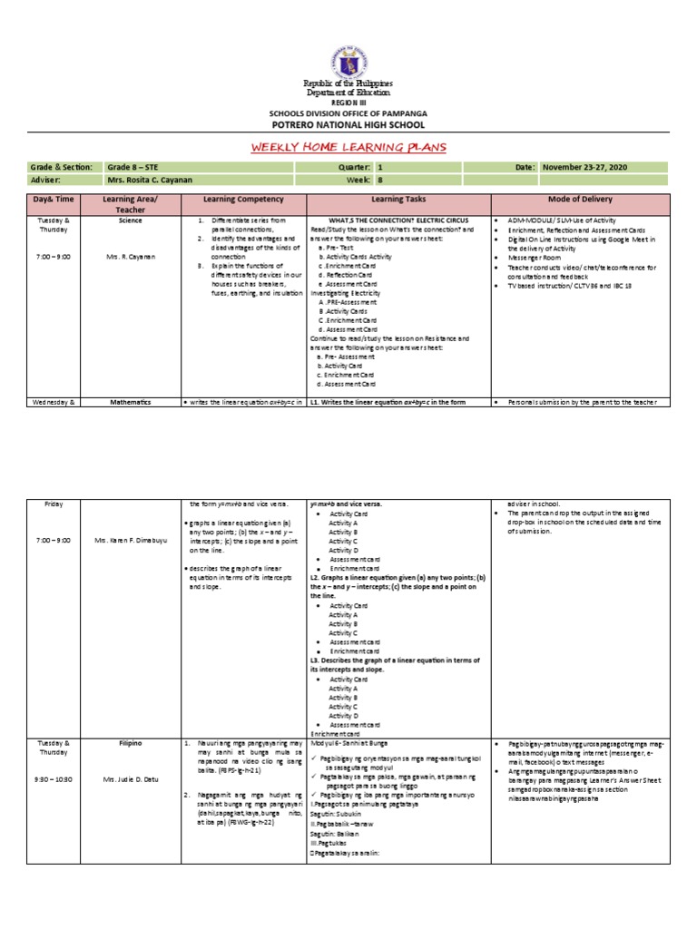 Grade 8 STE Weekly Learning Plan | PDF