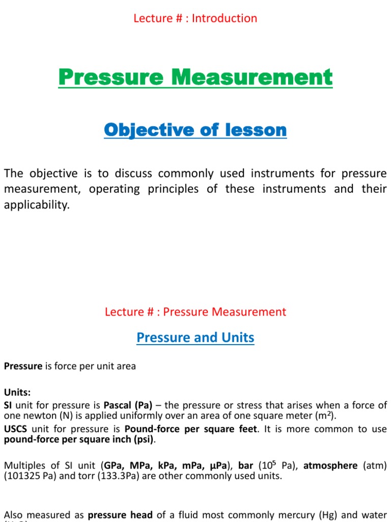Pressure Measurement: Objective of Lesson | PDF | Pressure Measurement | Pascal (Unit)