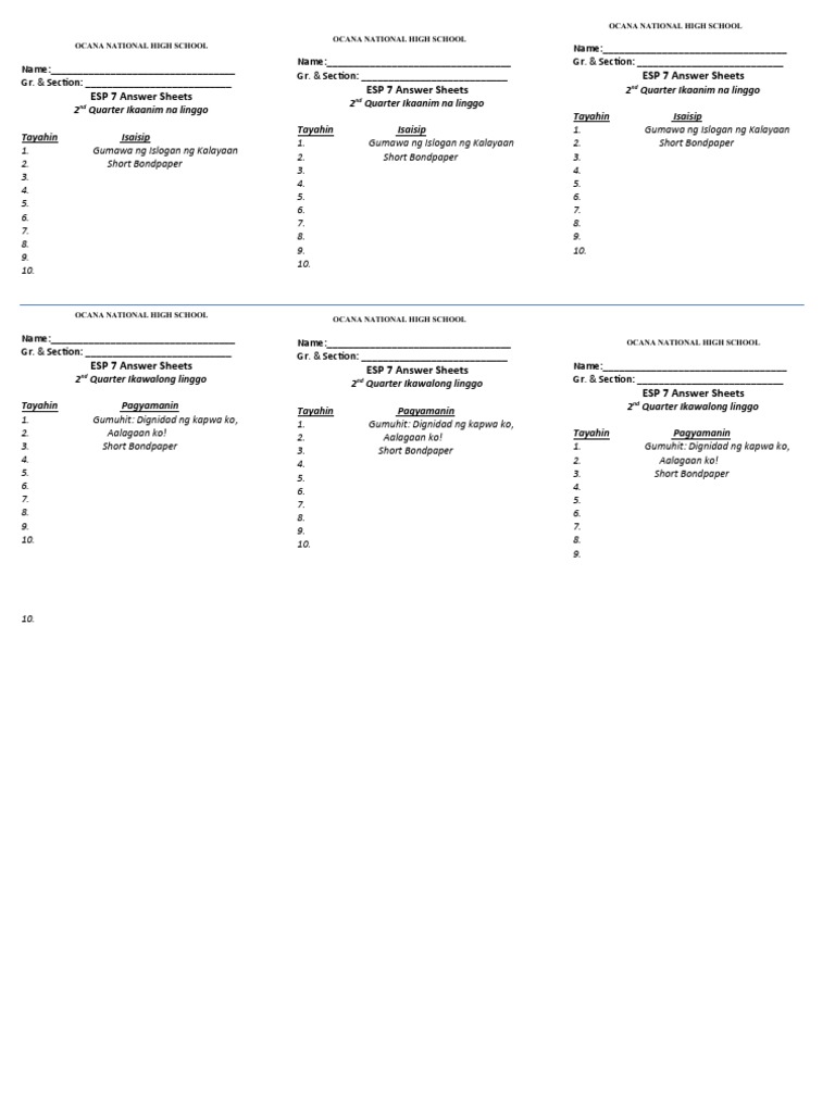 ESP 7 Answer Sheets ESP 7 Answer Sheets ESP 7 Answer Sheets: Ocana National High School Ocana ...