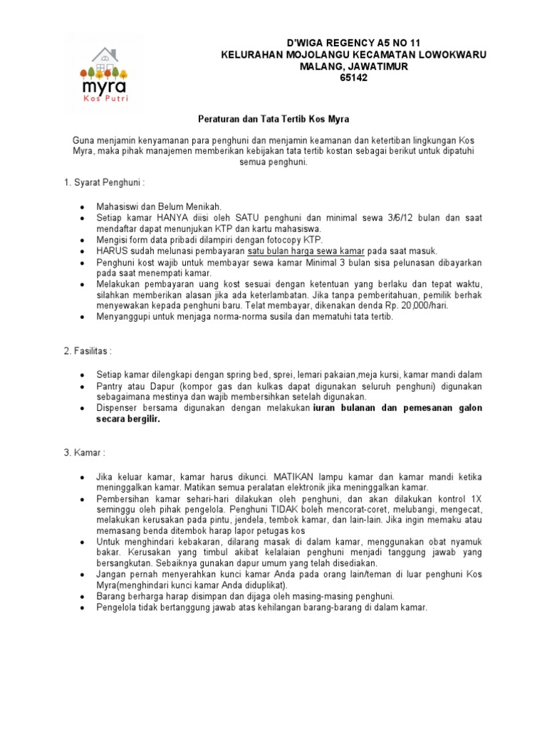 PERATURAN DAN TATA TERTIB KOS MYRA Baru | PDF