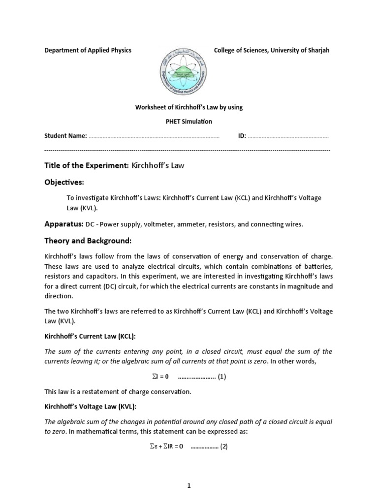 Kirchhoff's Laws PHET Simulation Worksheet | PDF | Voltage | Electrical ...