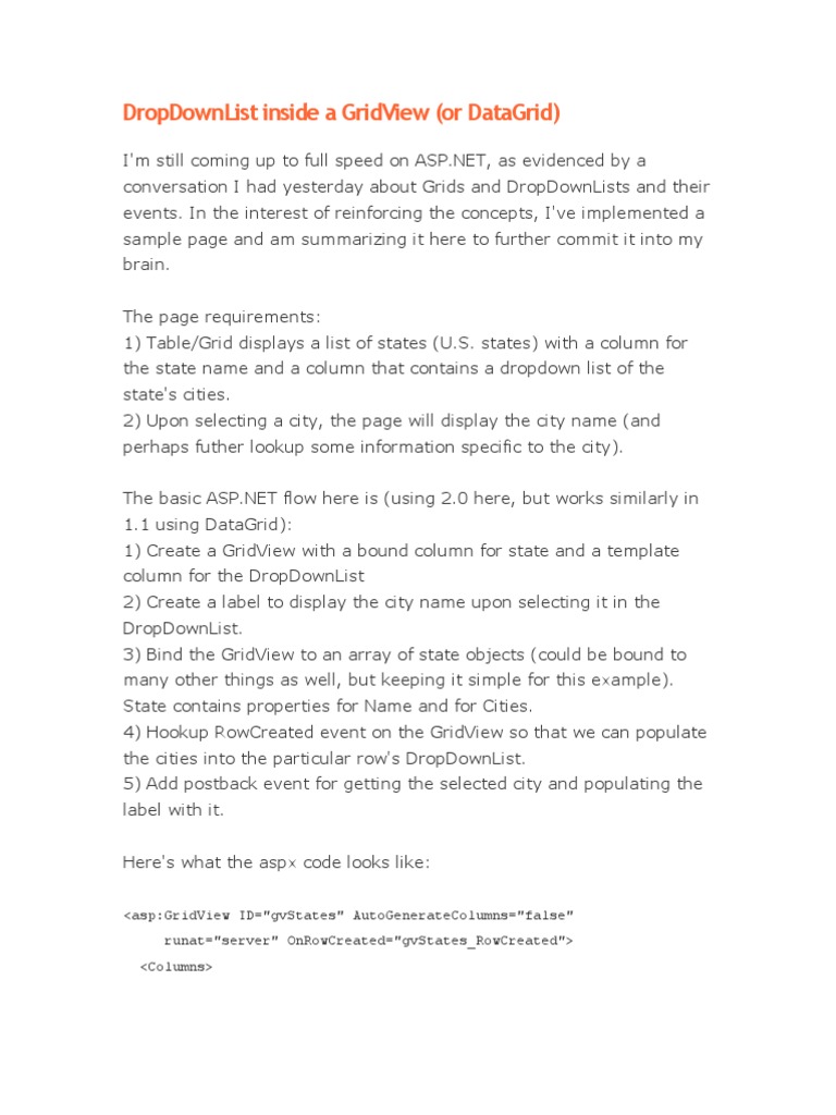 DropDownList Inside A GridView | PDF | Active Server Pages | Software Development
