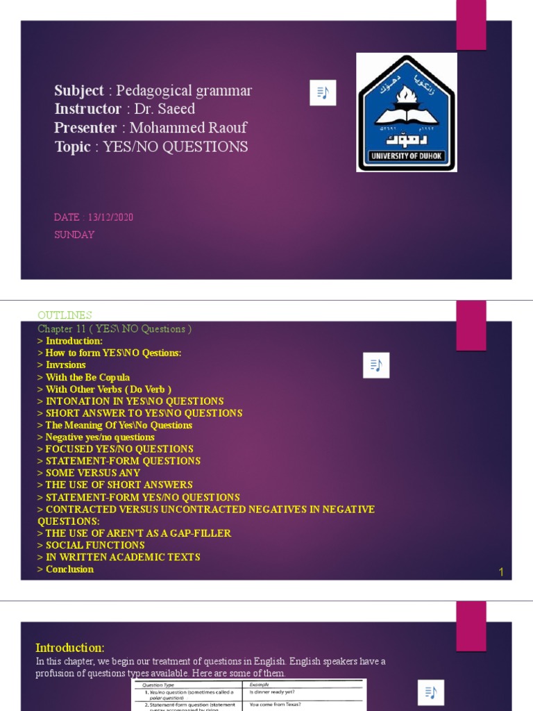 Subject: Pedagogical Grammar Instructor: Dr. Saeed Presenter: Mohammed Raouf Topic: Yes/No ...