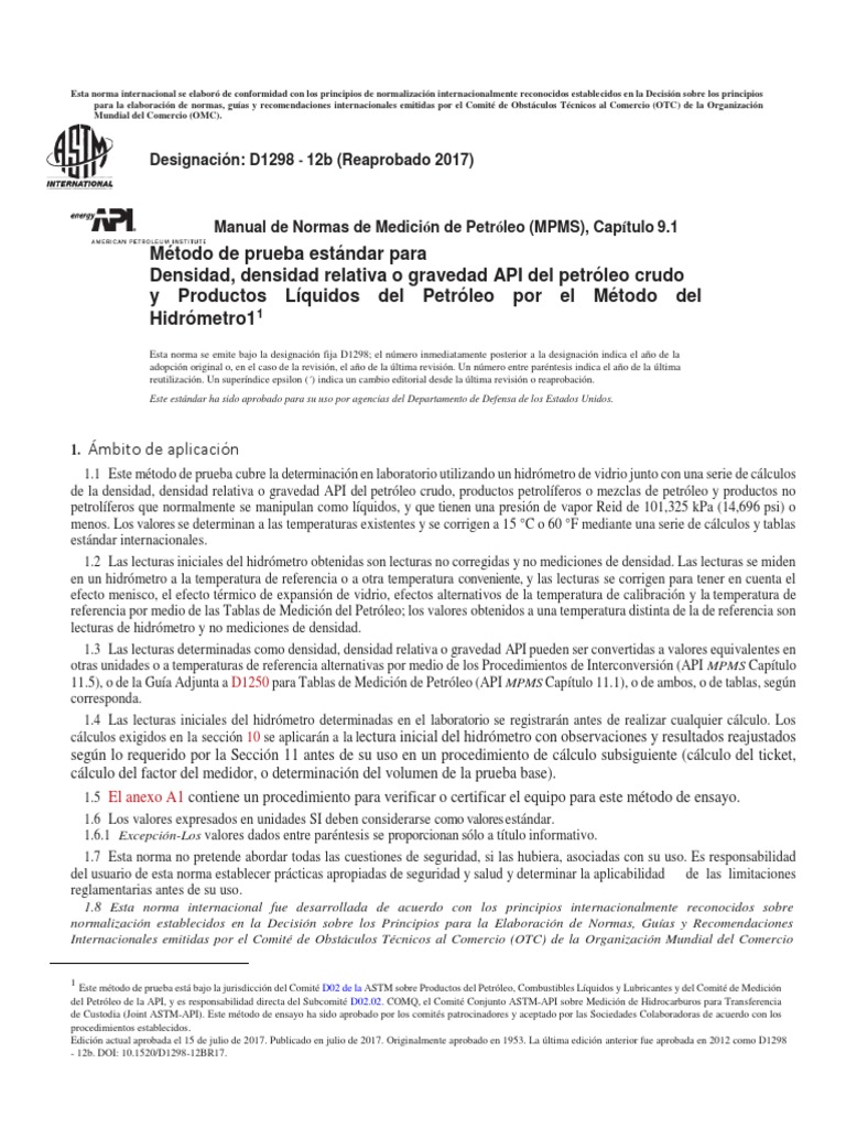D1298 - 12b (Reaprobado 2017) Densidad, Densidad Relativa o Gravedad ...