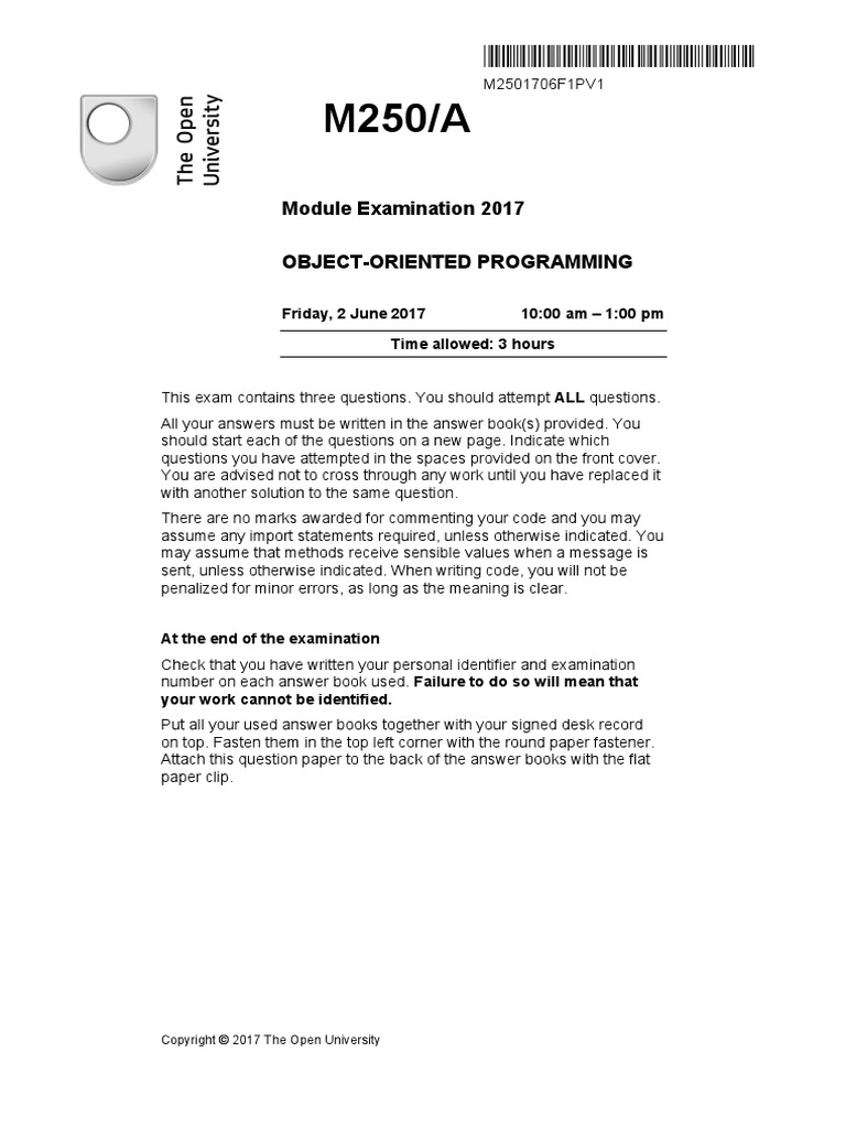 M2501706F1PV1 : Module Examination 2017 Object-Oriented Programming | Download Free PDF | Method ...