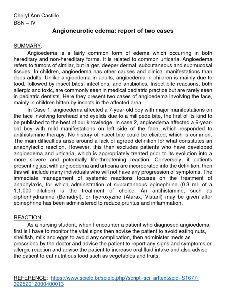 Angioneurotic Edema: Report of Two Cases | PDF | Drugs | Rtt