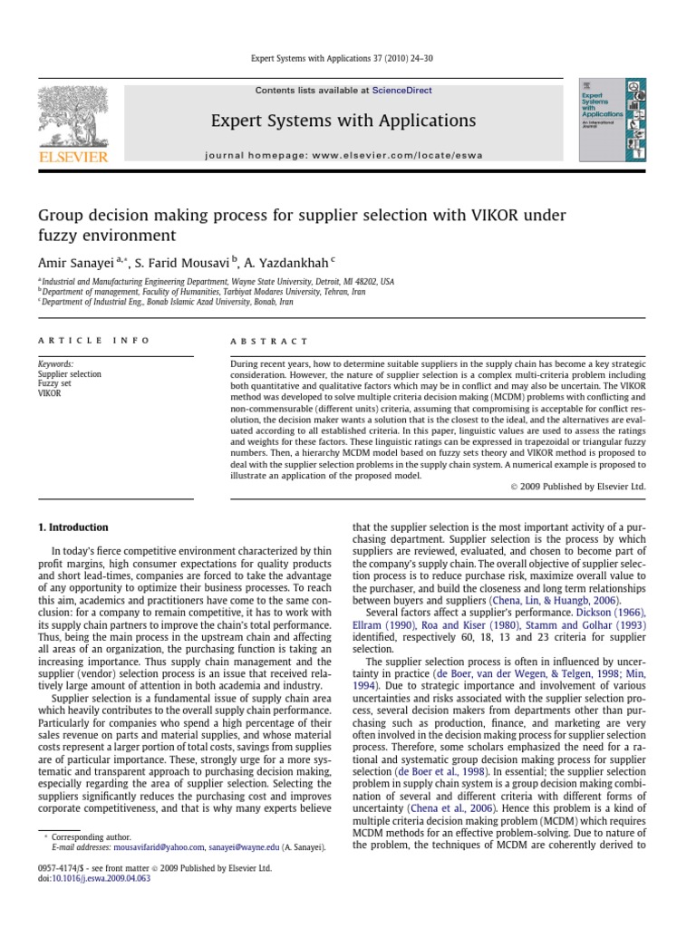Group Decision Making Process for Supplier Selection with VIKOR under Fuzzy Environment: A ...
