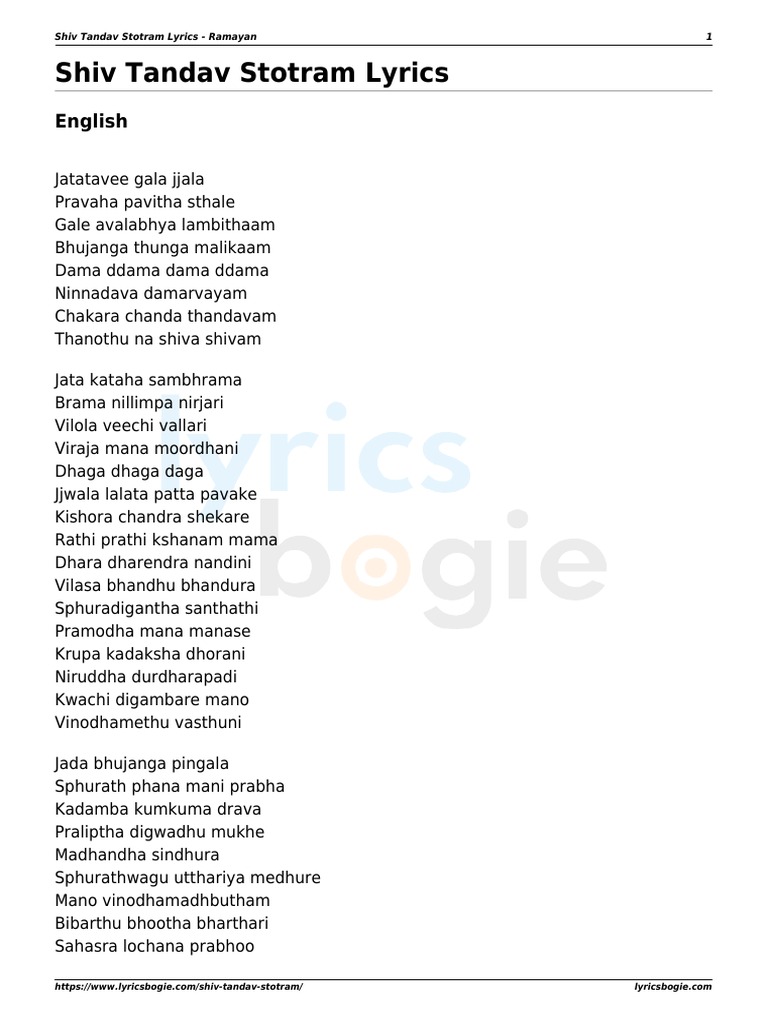 Shiv Tandav Stotram Lyrics: English | PDF | Hindu Tantra | Indian Religious Texts