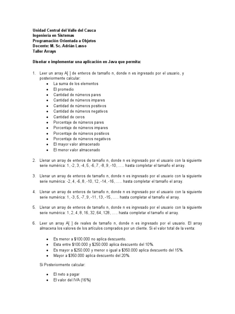 Taller 2 Arrays Java | PDF | Estructura de datos de matriz | Entero