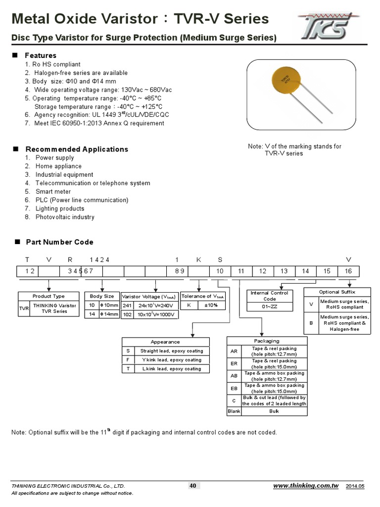 Metal Oxide Varistor TVR-V Series: Disc Type Varistor For Surge ...