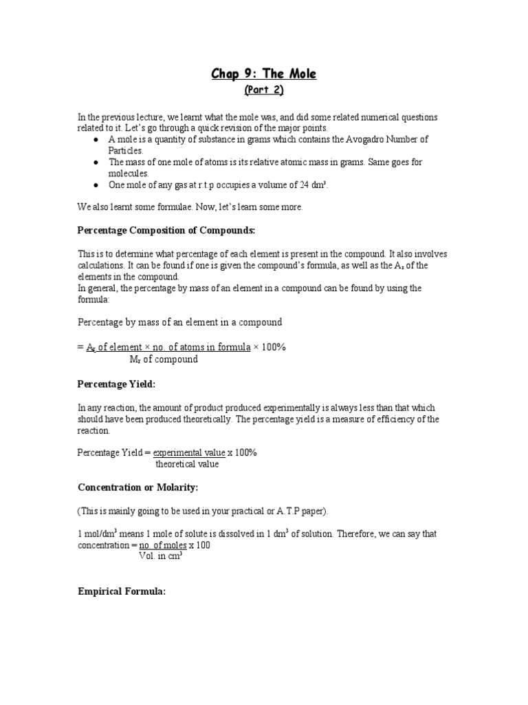 Chapter 9 - The Mole (Part-2) | PDF | Mole (Unit) | Molecules