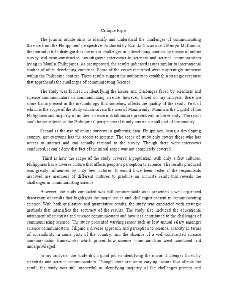 Critique Paper "Challenges of Communicating Science: Perspective From ...