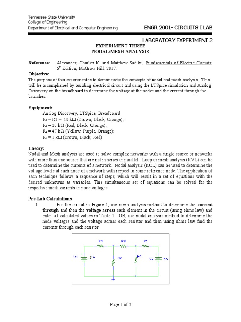 Engr 2001-Circuits I Lab Laboratory Experiment 3 Experiment Three Nodal/Mesh Analysis Reference ...