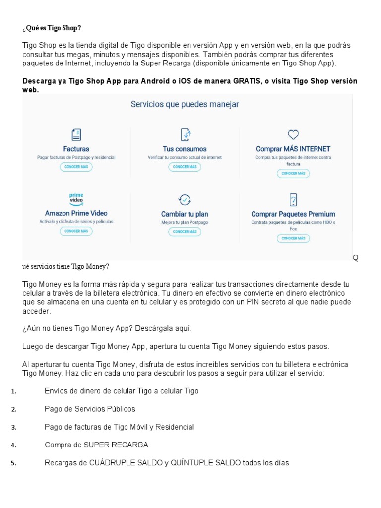 Qué Es Tigo Shop | PDF | Aplicación movil | Teléfonos móviles