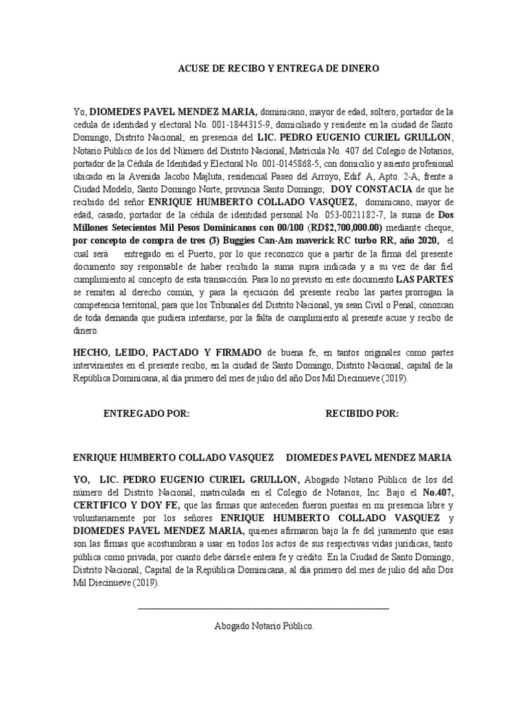 Acuse de Recibo y Entrega de Dinero Duran | PDF | República Dominicana ...