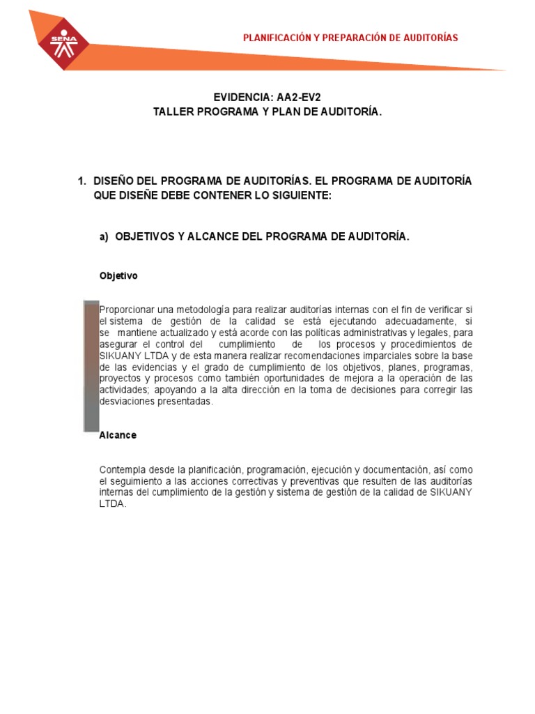 Formato Evidencia AA2 Ev2 Taller Programa y Plan de Auditoria | PDF | Auditoría | Contralor
